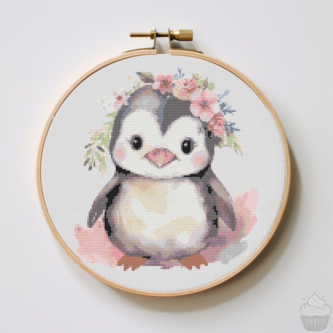 Floral Cute Penguin Cross Stitch Pattern Hoop Embroidery - Etsy