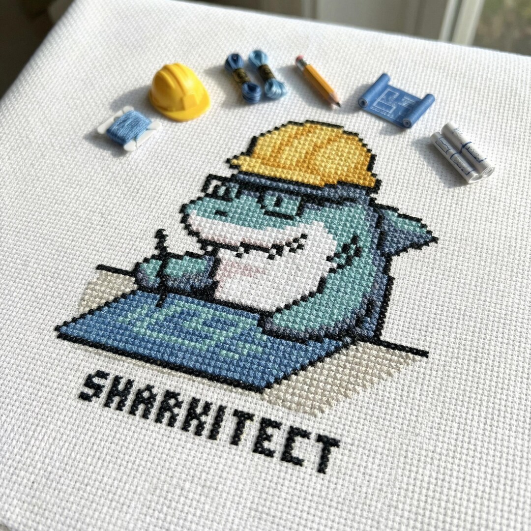 Cute Shark Architect Sharkitect Cross Stitch Pattern | Hoop Embroidery ...