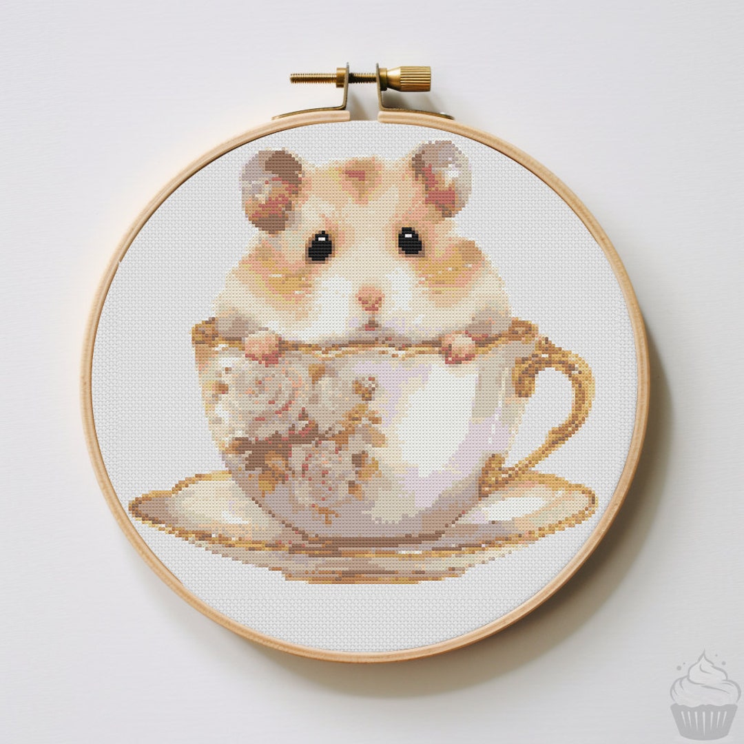 Cute Teacup Hamster Cross Stitch Pattern Hoop Embroidery PDF Instant ...