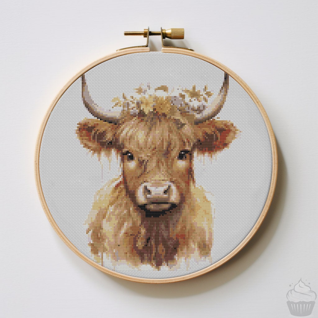 Highland Cow Cross Stitch Pattern Hoop Embroidery PDF Instant Download ...
