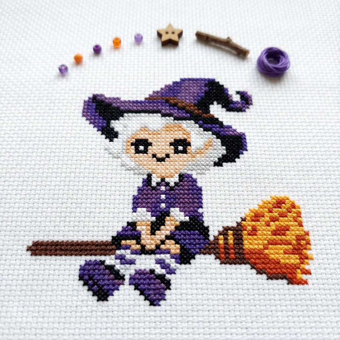 Cute Witch Flying a Broom Cross Stitch Pattern | Hoop Embroidery | PDF ...