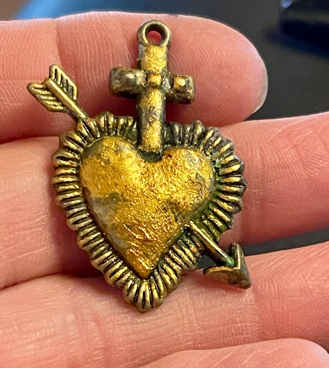 Sacred Heart Cross and Arrow. Old Gold and Green Ancient Looking ...