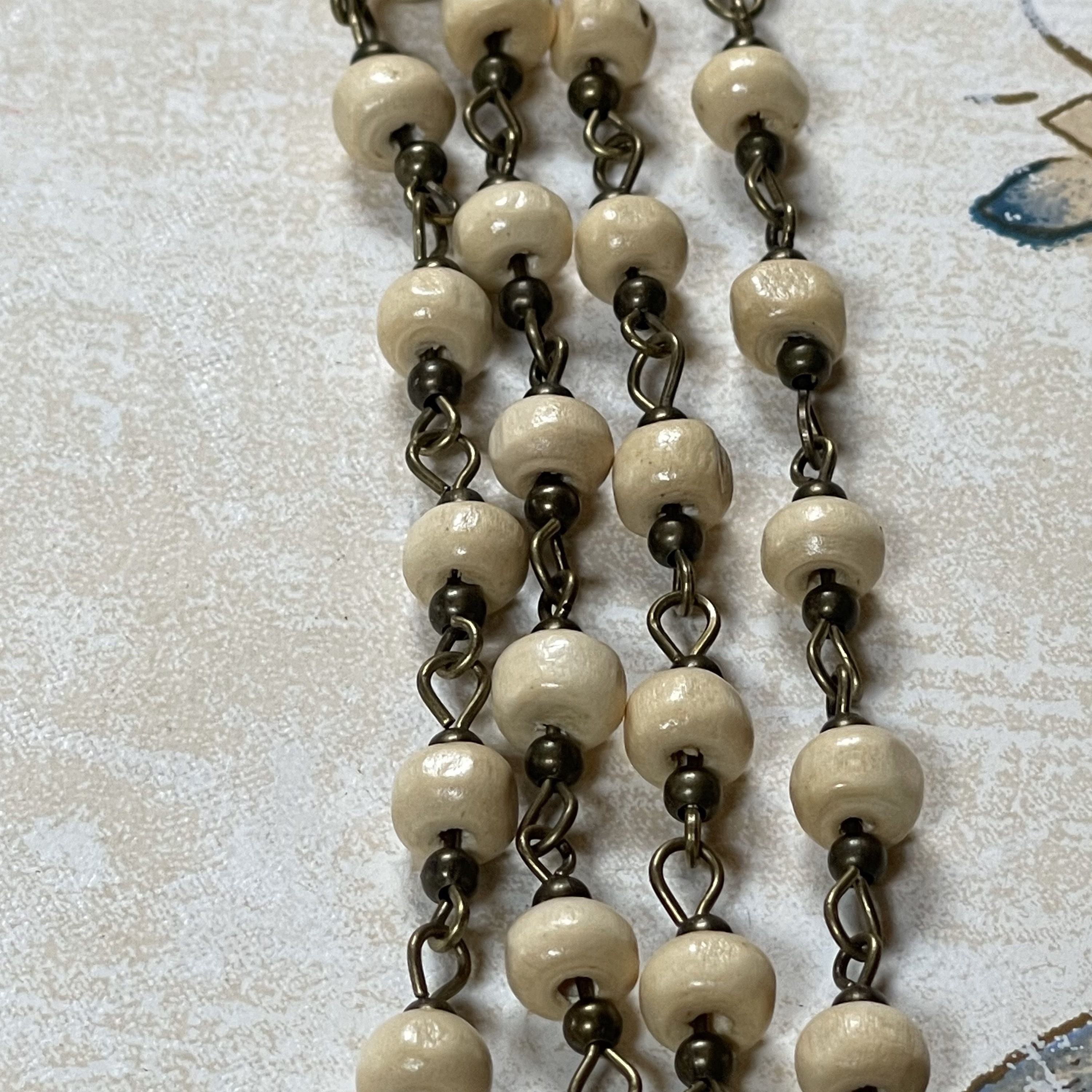 6.8mm, Cream Color Wood Bead Chain, With Brass Beads and Wire. Priced ...