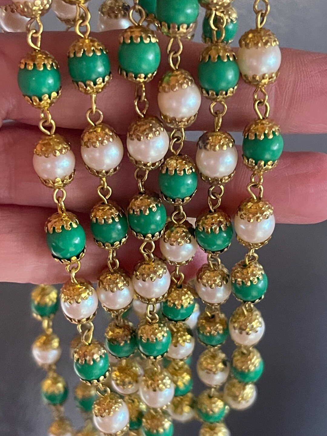 Bead Chain, 8mm, Vintage Cream Pearl and Green Bead Chain. With Gold ...