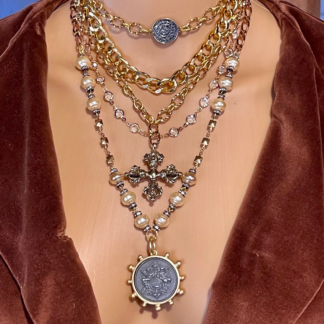 Multi-layer Gold Tones Large Pendant Necklace. Multi-link Chain ...