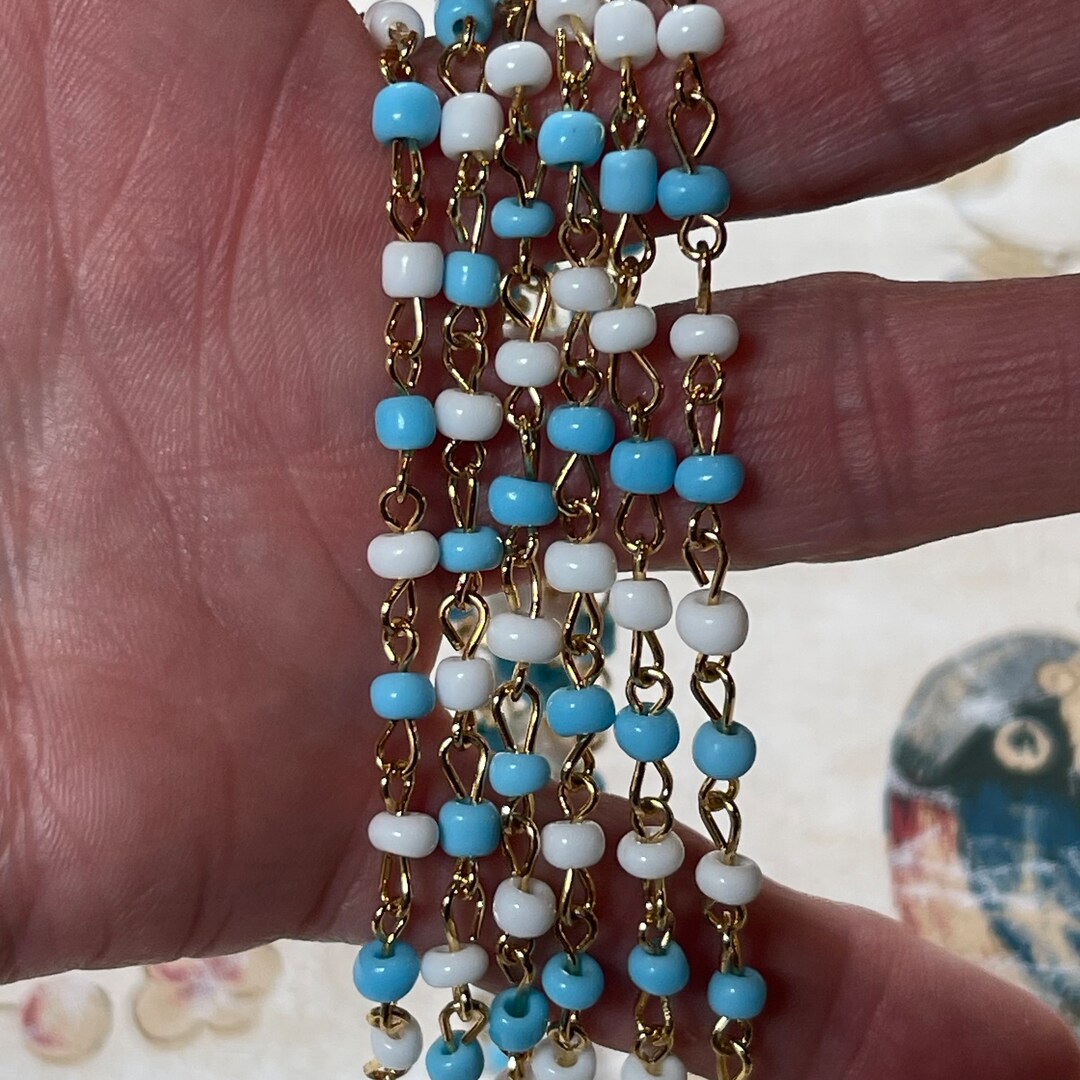 Bead Chain, 4 X2mm, Baby Blue and White Glass. Priced per Foot. Bead ...
