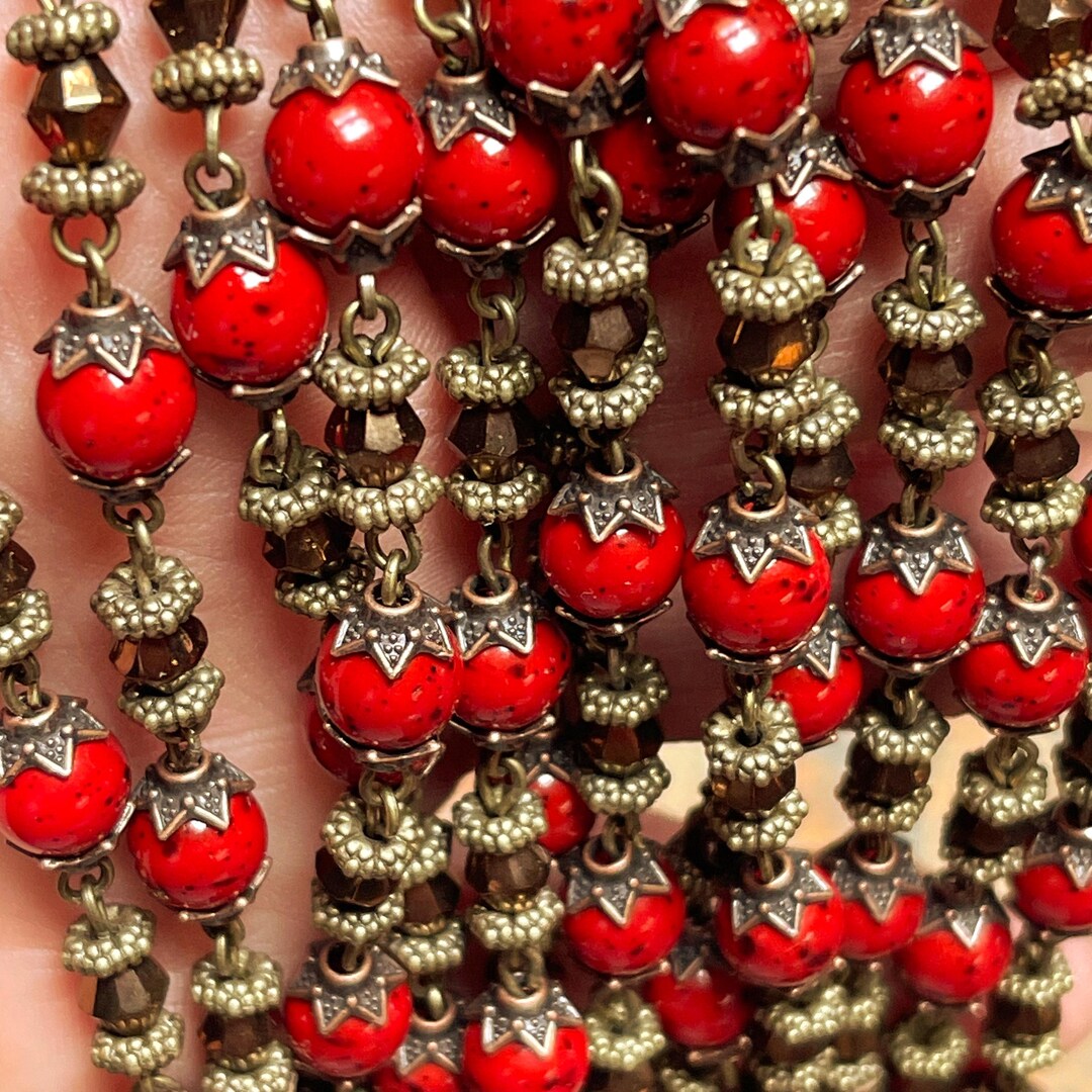 Exclusive Bead Chain, Red and Bronze Faceted Czech Bead Chain. 8.6mm X ...