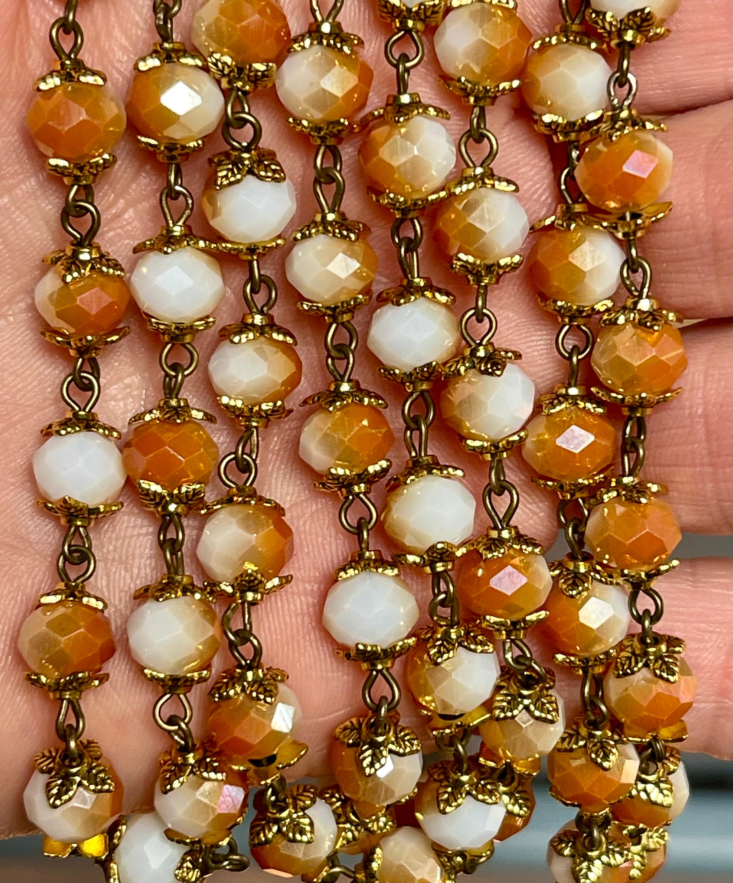 Handmade 8x8.4mm Wide. Peach Gold and Cream, Faceted Glass. With ...