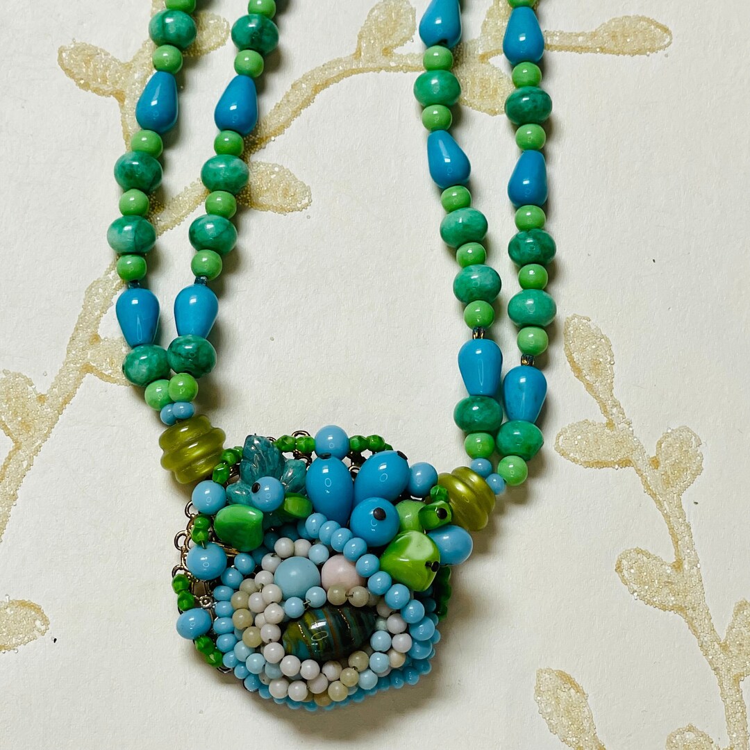Miriam Haskell Style Necklace. Blue and Green Hand Made Vintage Bead ...