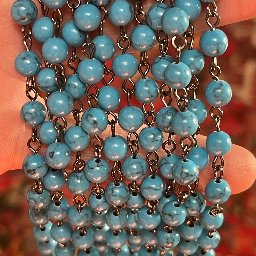 Bead Chain. 6mm, Turquoise Glass Bead Chain With Gun Metal Wire. Sold ...
