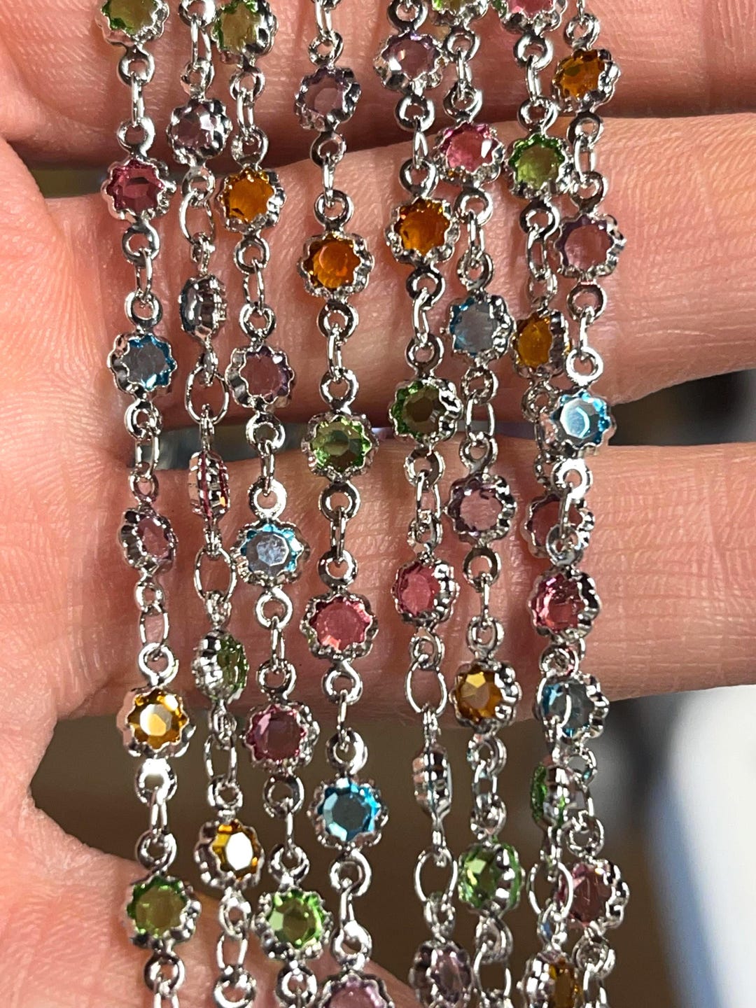 Retro Delicate Glass Window Chain, Silver Plated Brass, Soldered Links ...