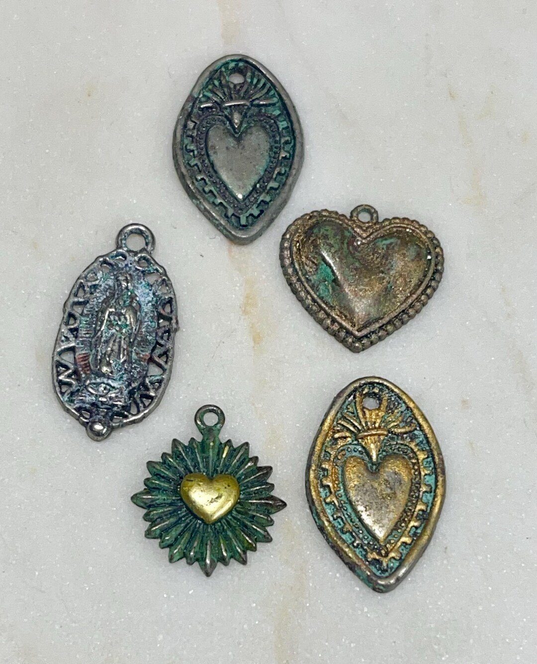 5 Various Shapes and Sizes of Sacred Hearts. Old Green Ancient Looking ...