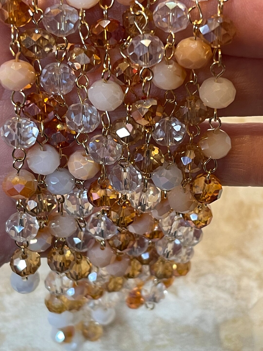 8x6mm, Topaz, Cream, and Clear Faceted Glass Bead Chain. With Gold Wire ...