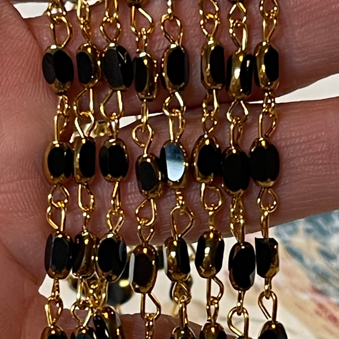 4x3mm, Black Glass With Gold Edging and Gold Wire. Bead Chain. Sold by ...