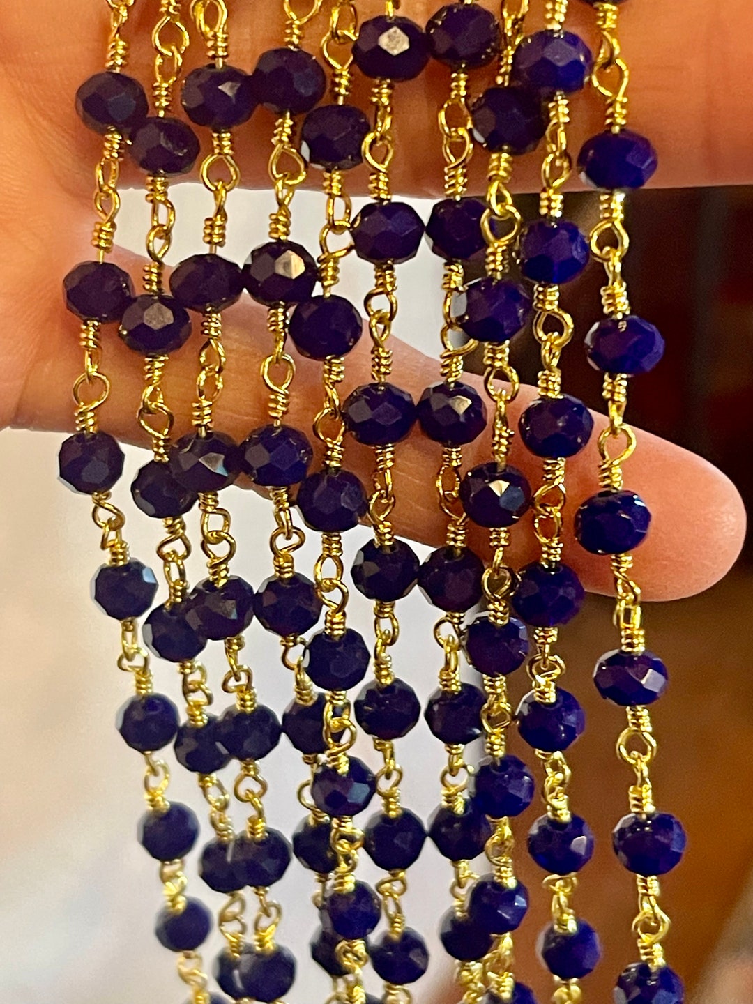 6x4mm, Delicate Cobalt Blue and Gold Bead Chain. Price by the Foot. LB1 ...