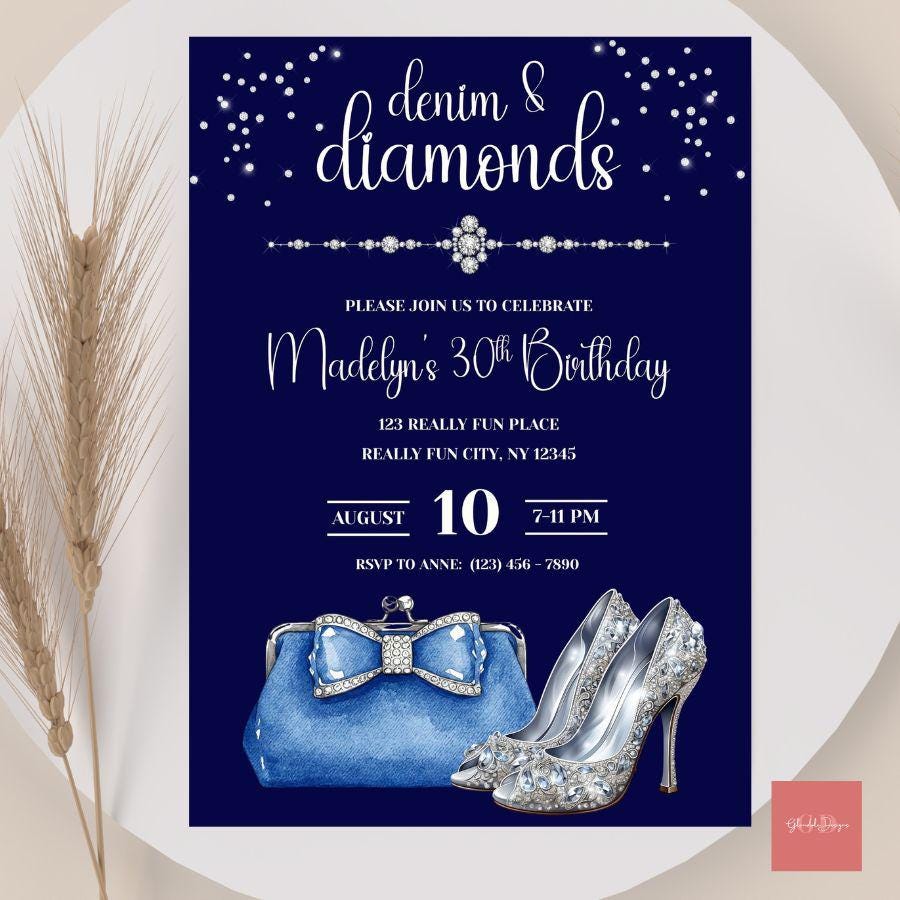 Denim & Diamonds Birthday Invitation Template | Sparkly Birthday Invite ...