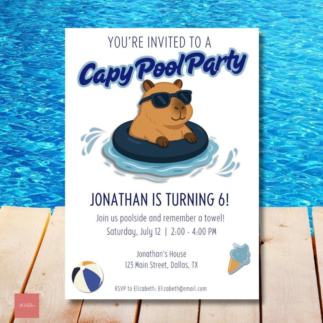 Capybara Pool Party Invitation | Editable Canva Template | Kids ...