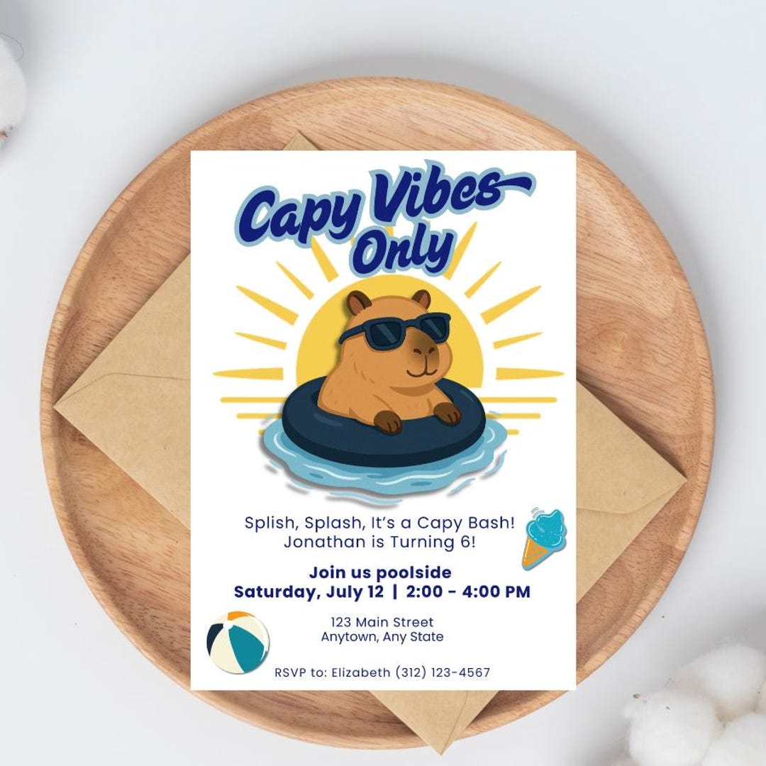 Capybara Pool Party Invitation | Editable Capy Vibes Only Birthday ...