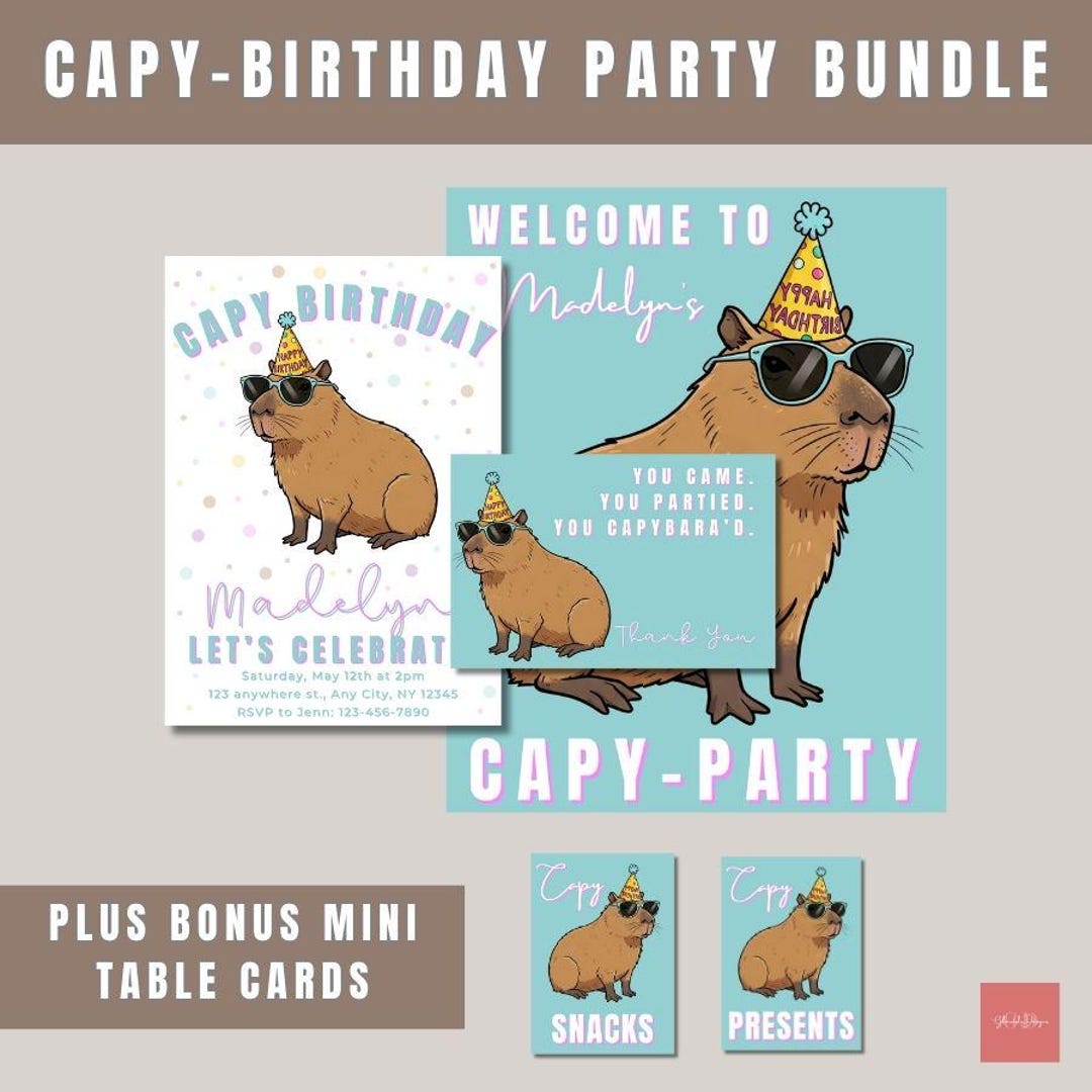 Capybara Birthday Party Bundle | Editable Invite, Thank You, Welcome ...