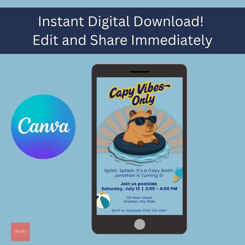 Capybara Pool Party Invitation | Editable Canva Template | Summer ...