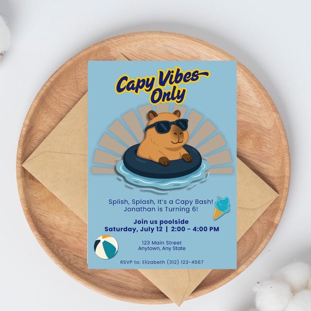 Capybara Pool Party Invitation | Editable Canva Template | Summer ...