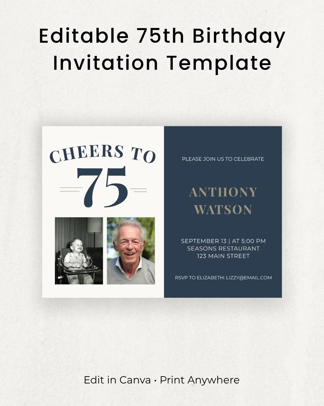 75th Birthday Invitation With Photos, Editable Canva Template ...