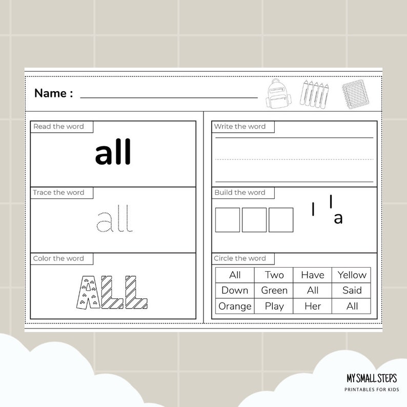 50 Printable Sight Words, Kindergarten Sight Word Worksheets, Preschool ...