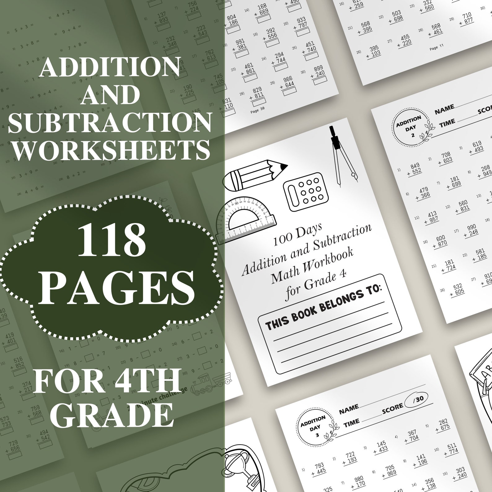 4th Grade Addition and Subtraction Worksheet, Elementary Math Problems, 3-digit Addition With ...