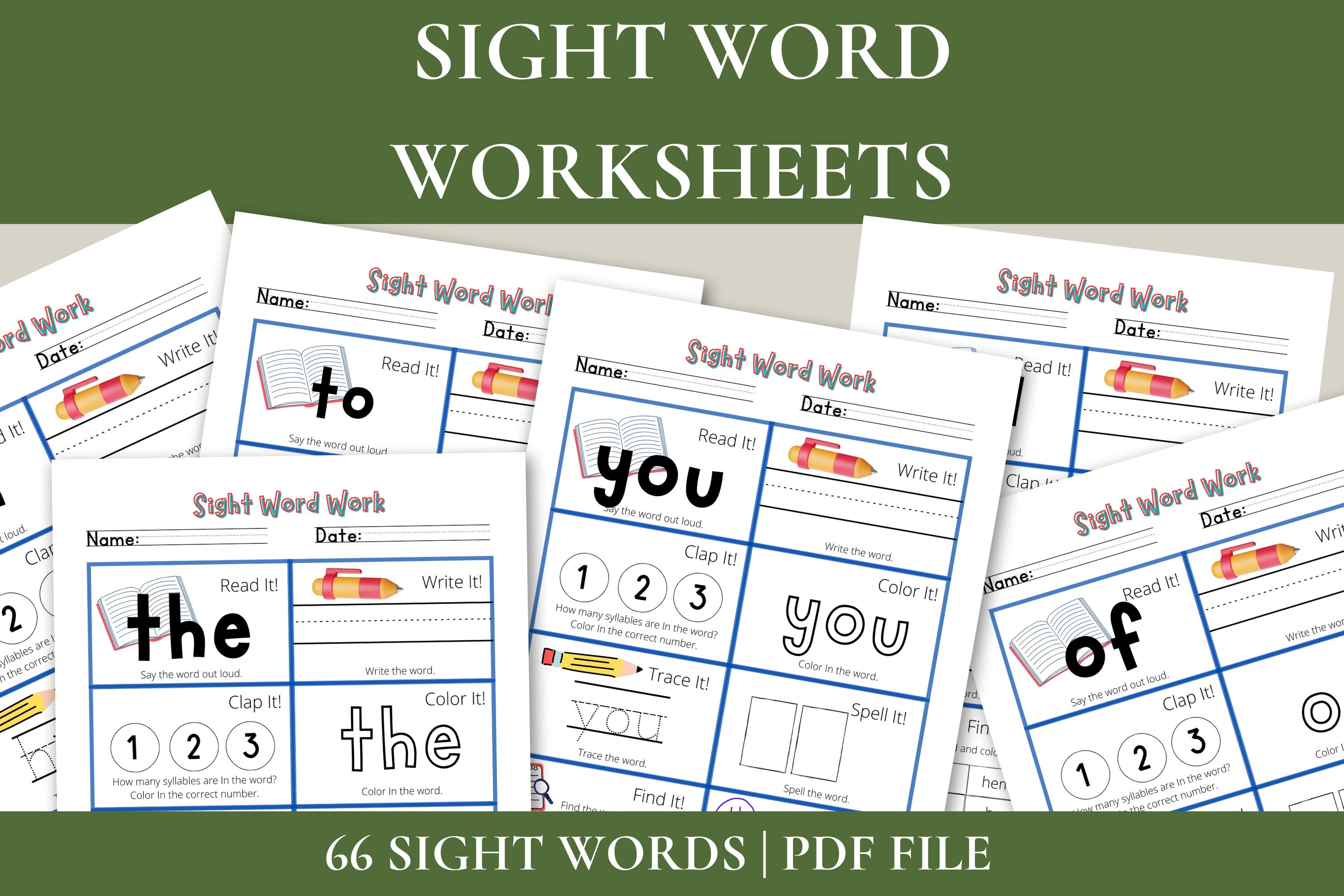 66 Sight Words for Preschool, Kindergarten Sight Word Worksheets ...