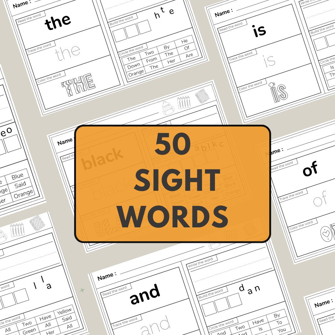 50 Printable Sight Words, Kindergarten Sight Word Worksheets, Preschool ...