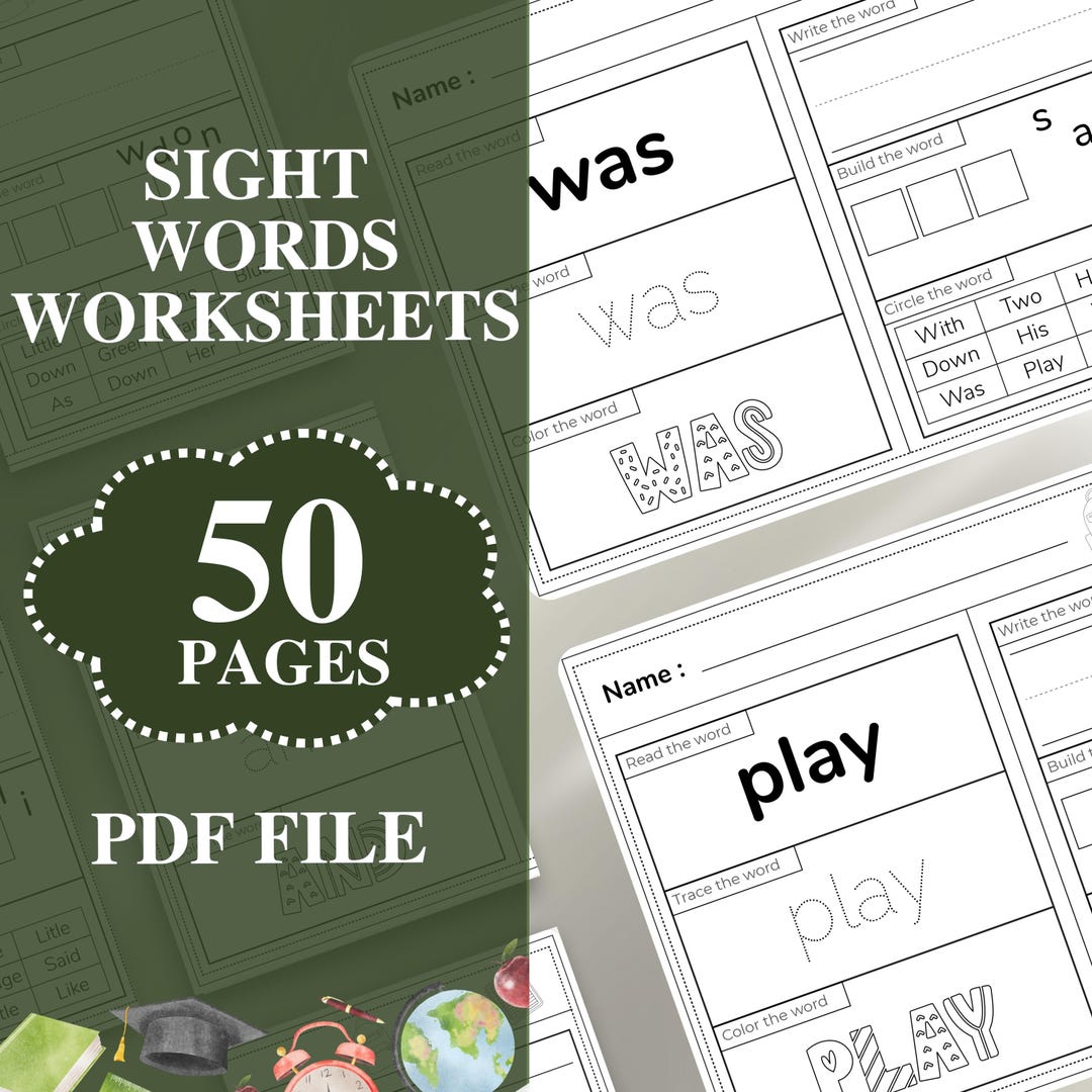 50 Printable Sight Words, Kindergarten Sight Word Worksheets, Preschool ...