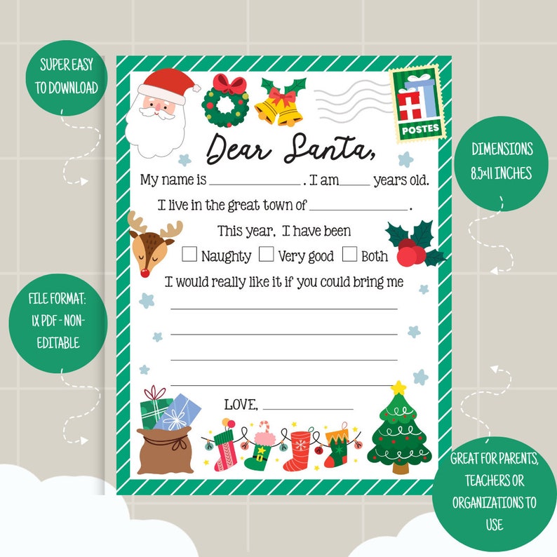Dear Santa Letter Letter to Santa Printable Christmas Wish List for ...