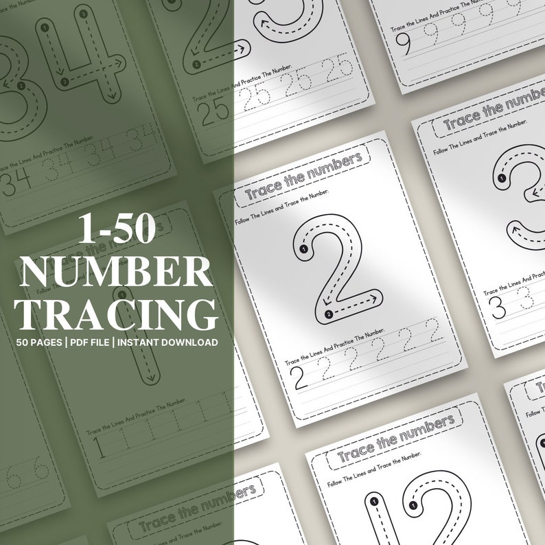 1-50 Number Tracing Worksheets, Printable Preschool Activities, Number ...