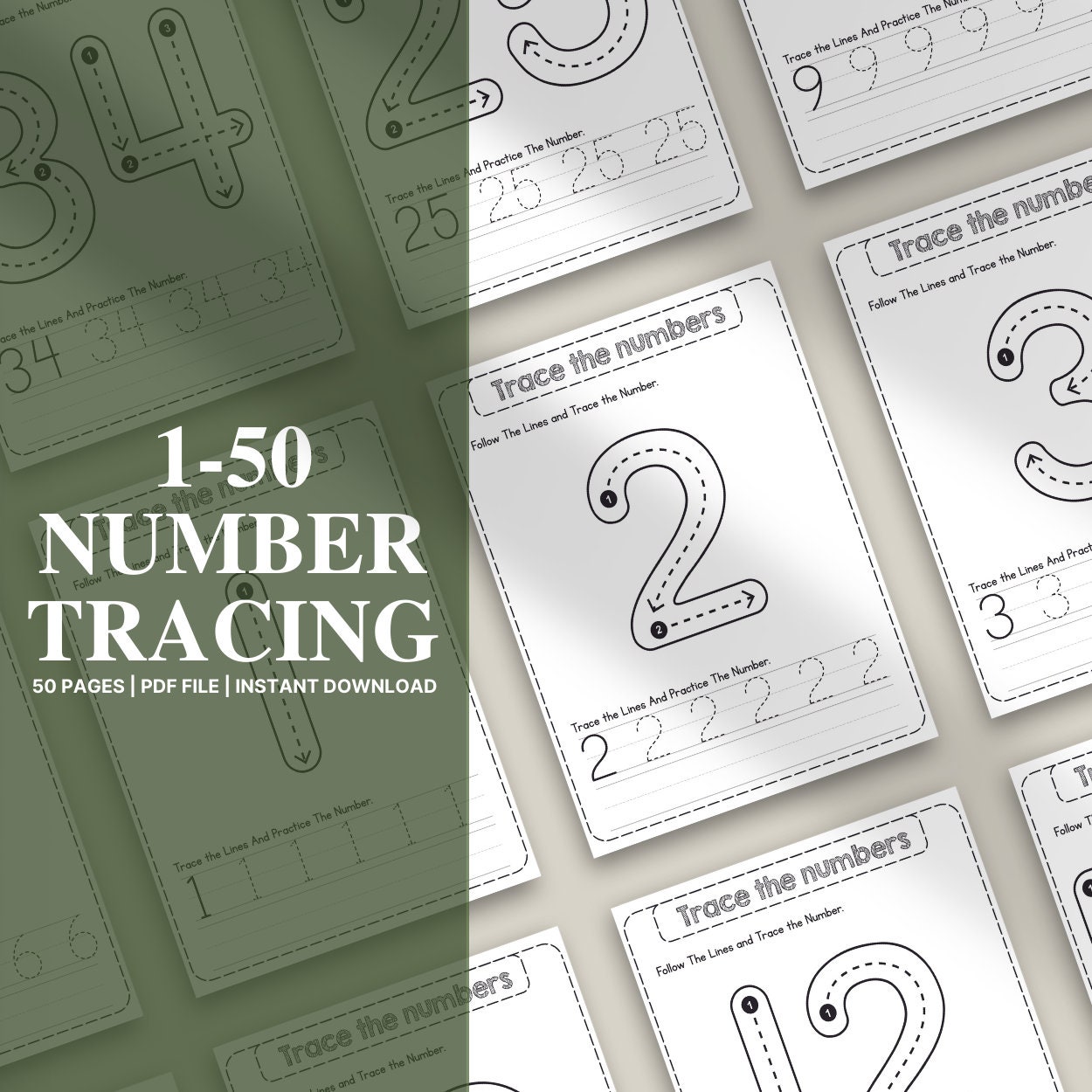 1-50 Number Tracing Worksheets, Printable Preschool Activities, Number ...