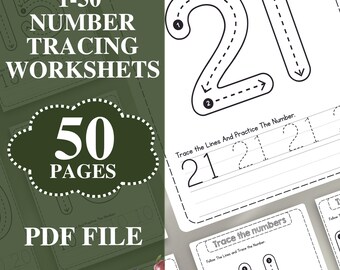 Number Tracing Practice Worksheets Printable for Kindergarten | 1 to 50 ...