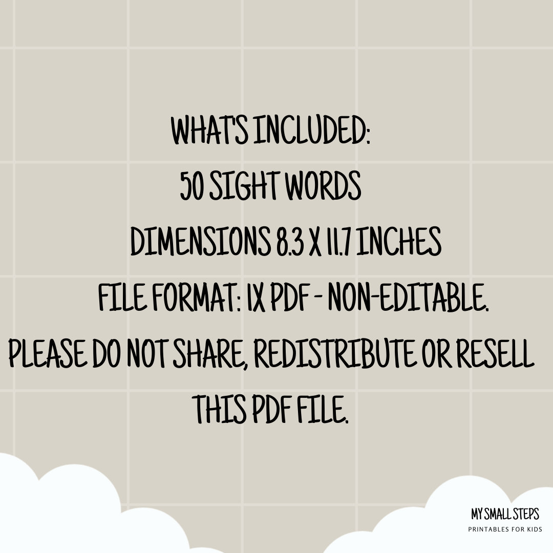 50 Printable Sight Words, Kindergarten Sight Word Worksheets, Preschool ...