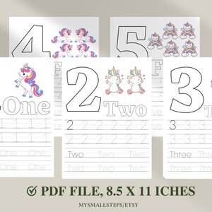 Unicorn Number Tracing Worksheets, Printable Math Activities, Traceable ...