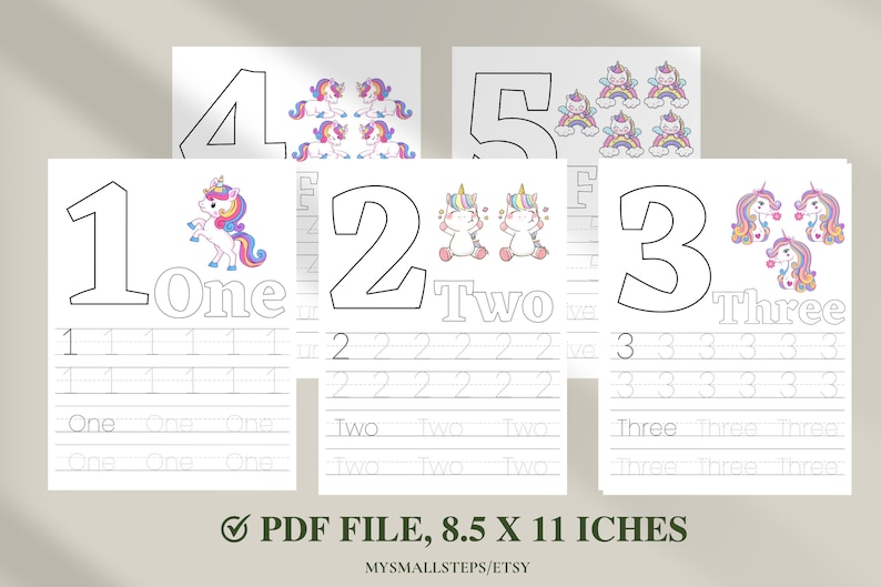 Unicorn Number Tracing Worksheets, Printable Math Activities, Traceable ...