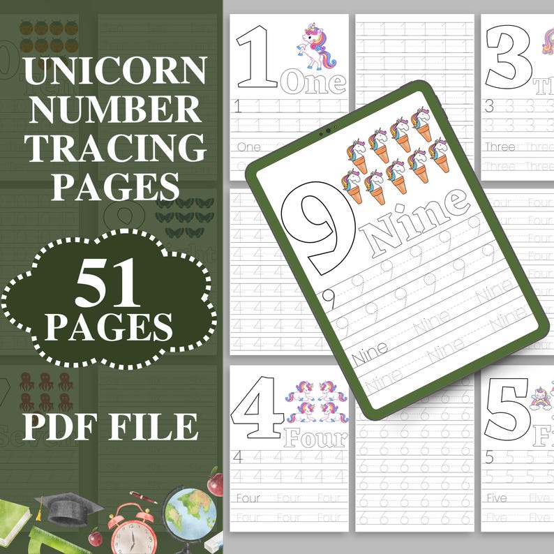 Unicorn Number Tracing Worksheets, Printable Math Activities, Traceable ...