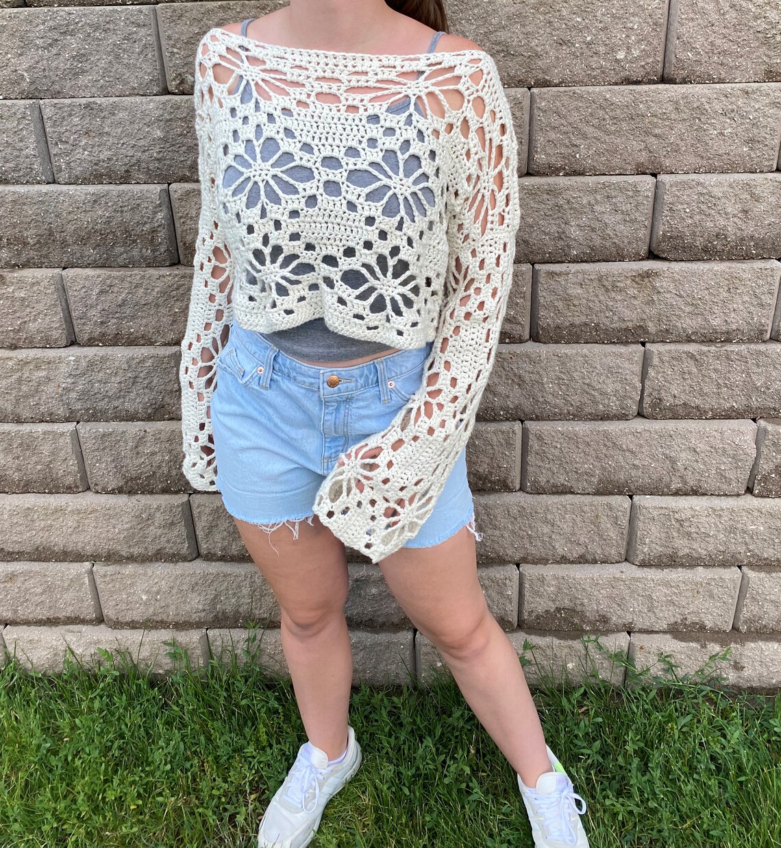 Cropped Crochet Mesh Flower Top - Etsy