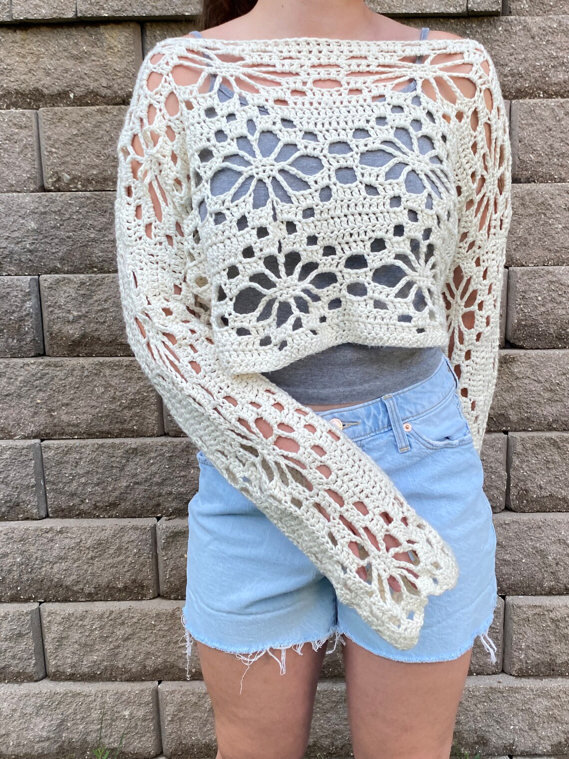 Cropped Crochet Mesh Flower Top - Etsy