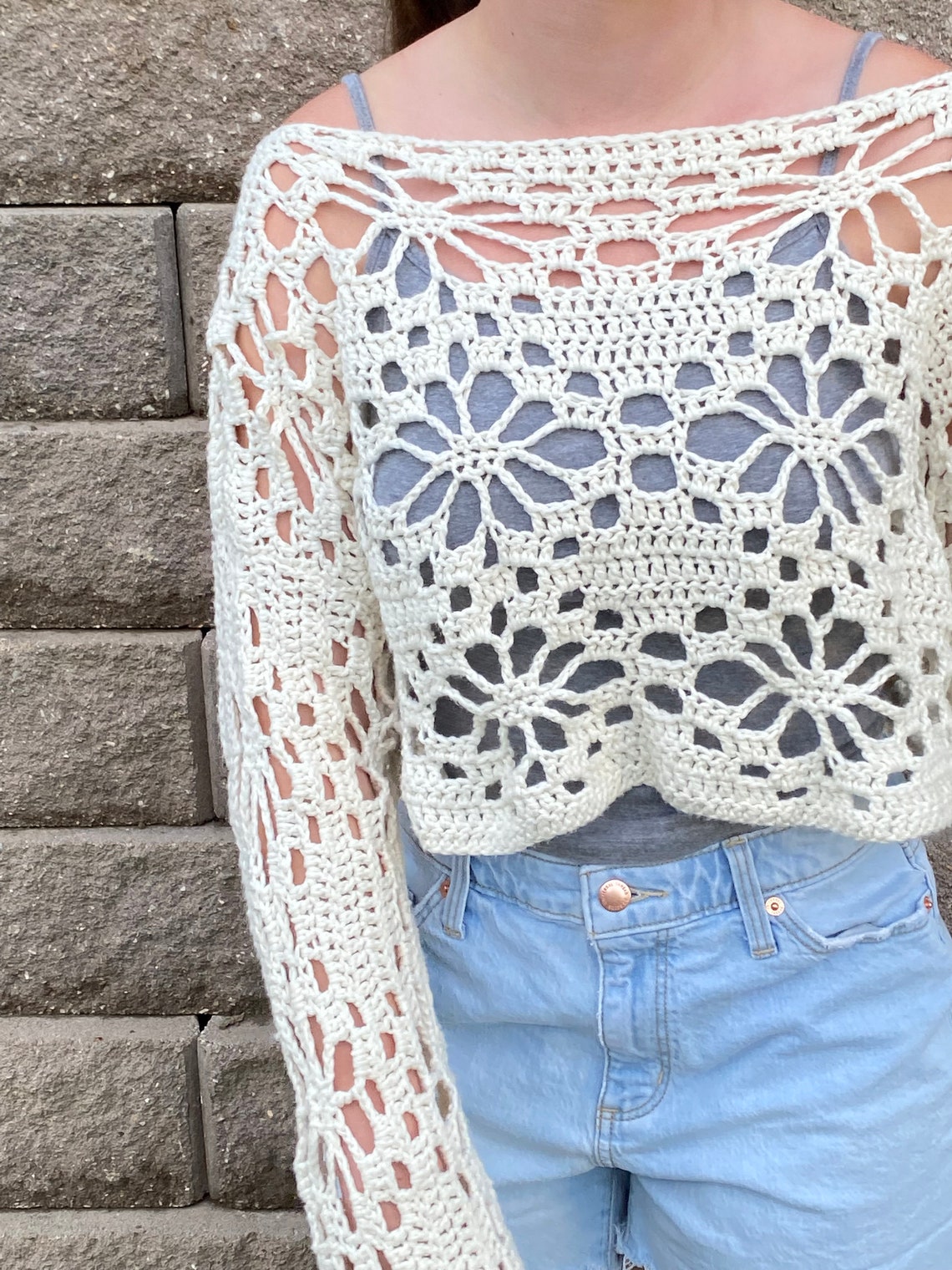 Cropped Crochet Mesh Flower Top - Etsy