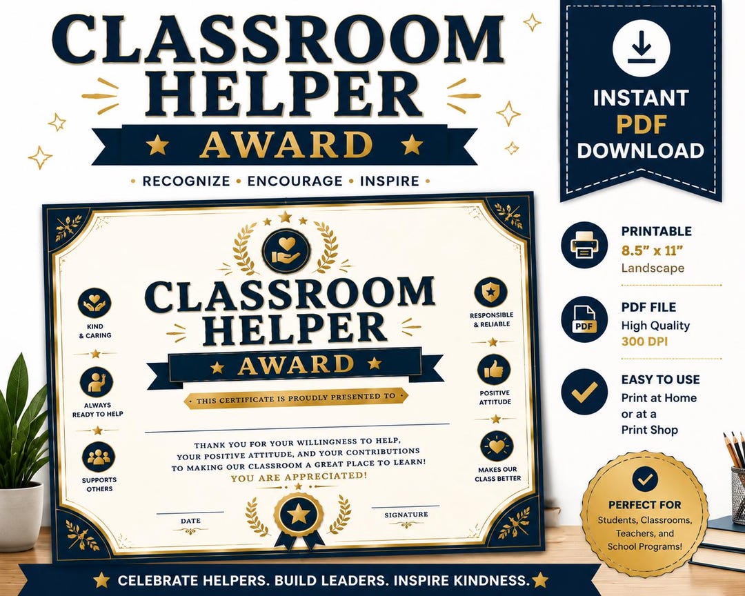 Classroom Helper Award Certificate | Printable PDF | Instant Download ...