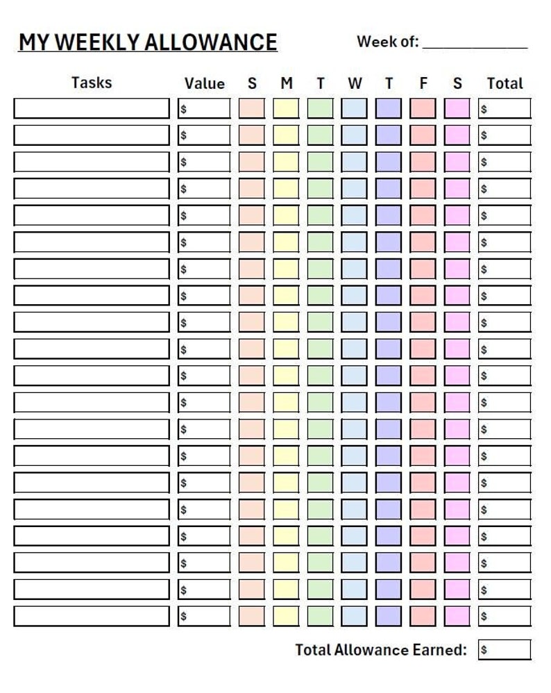 Kid's Weekly Allowance Tracker - Instant Download - Etsy