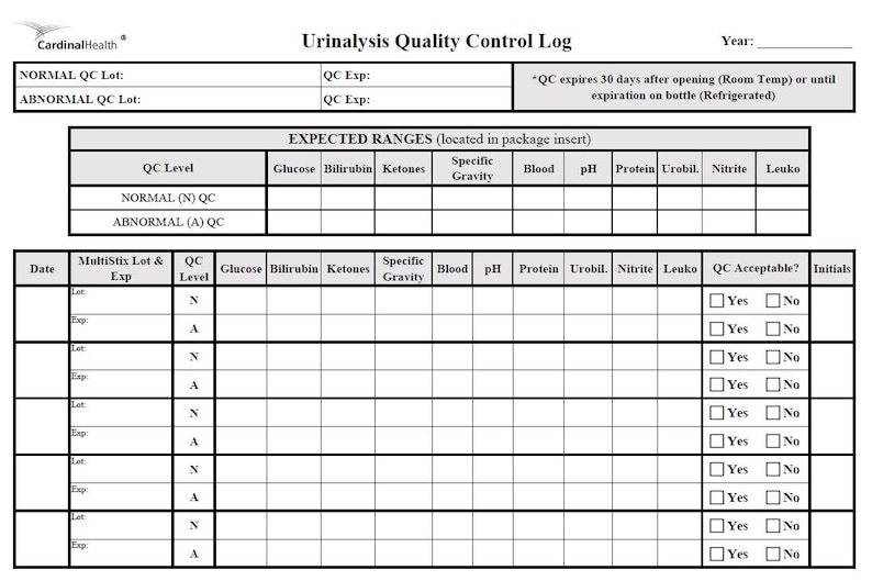 Urinalysis Quality Control Log - Cardinal QC (back & White/greyscale ...