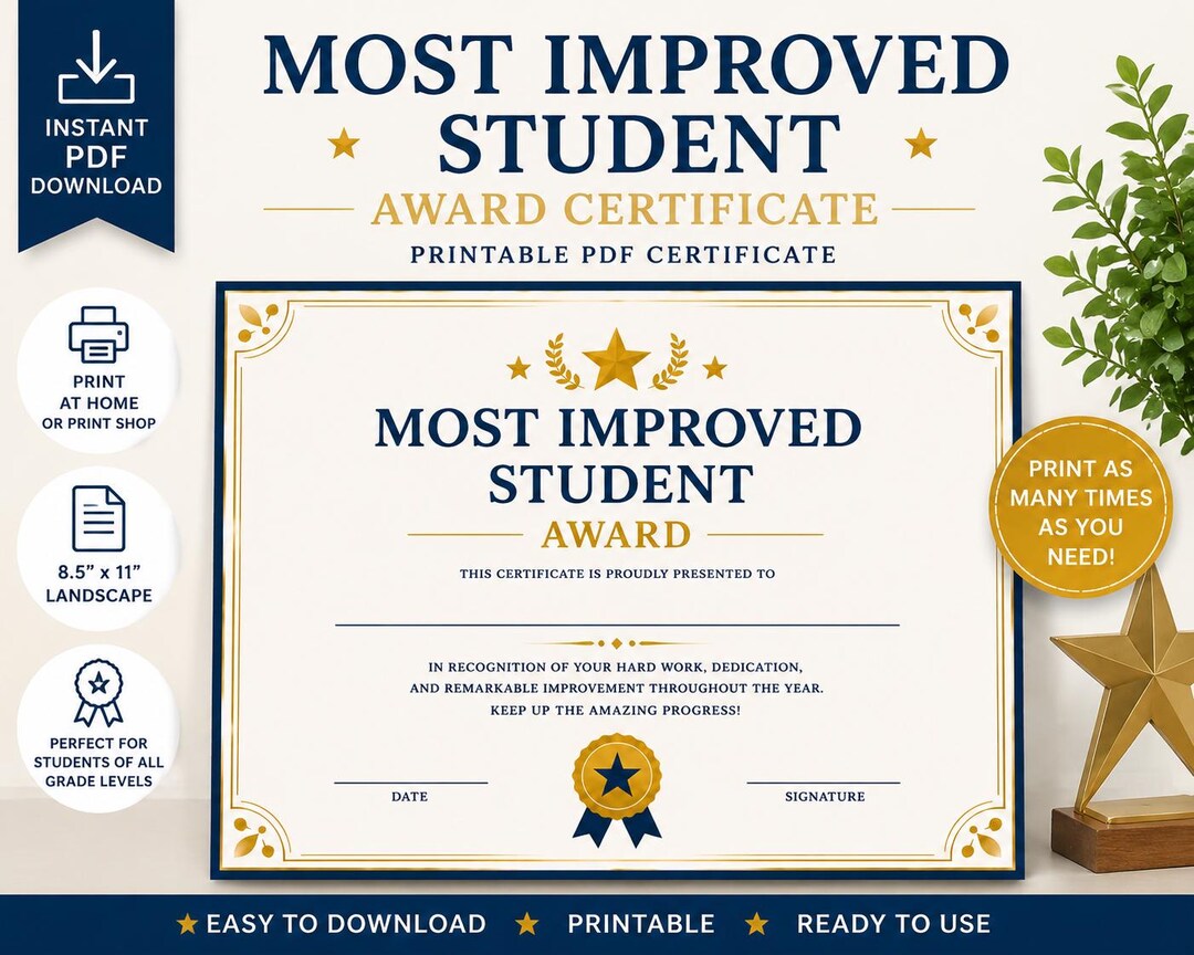 Most Improved Student Certificate | Printable Award PDF | Instant ...