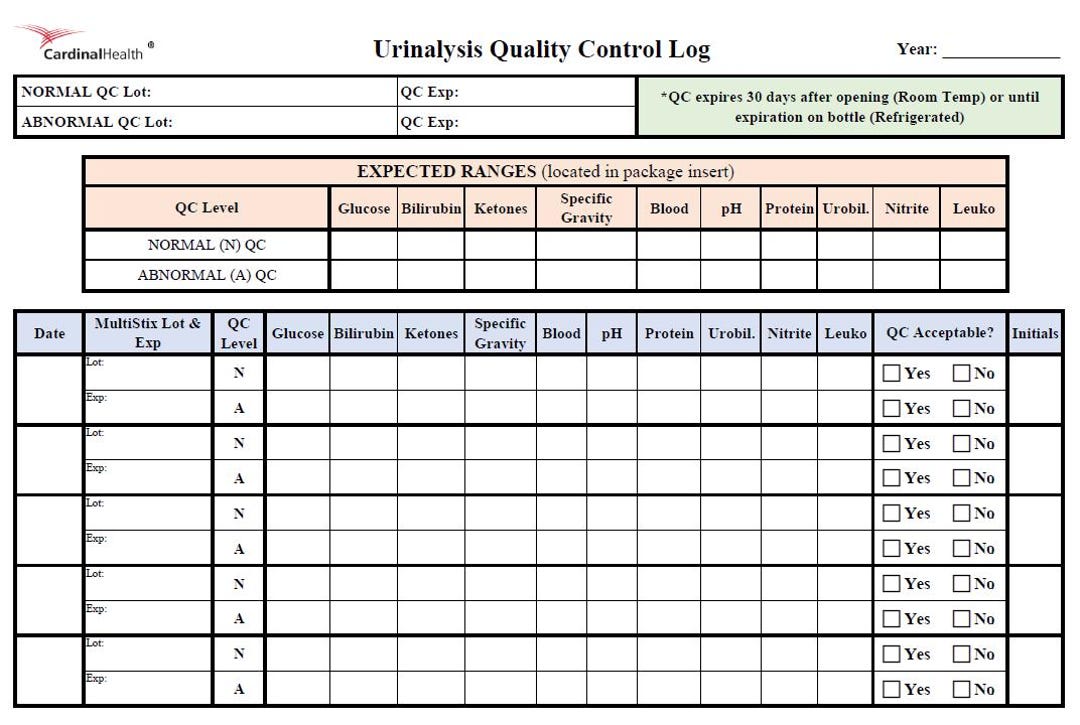 Urinalysis Quality Control Log - Cardinal QC (colored Version) - Etsy