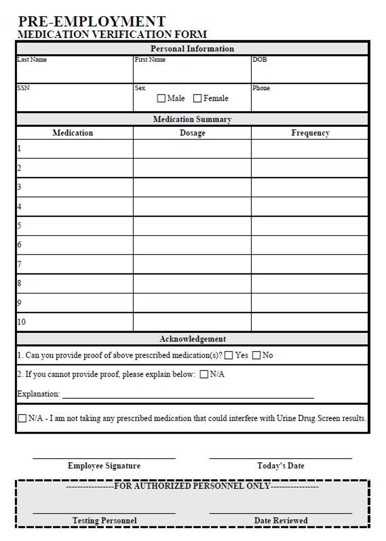 Pre-employment Medication Verification Form - Etsy