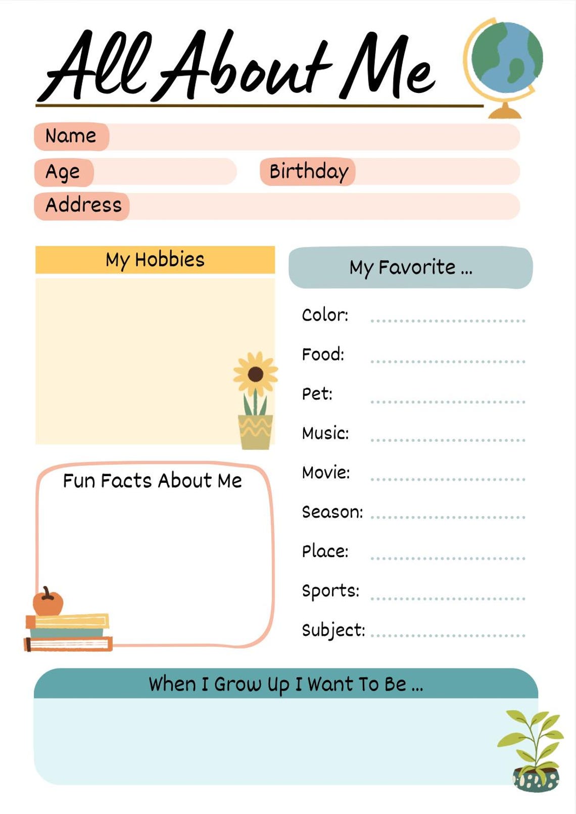 6 All About Me Printable Pages - Etsy