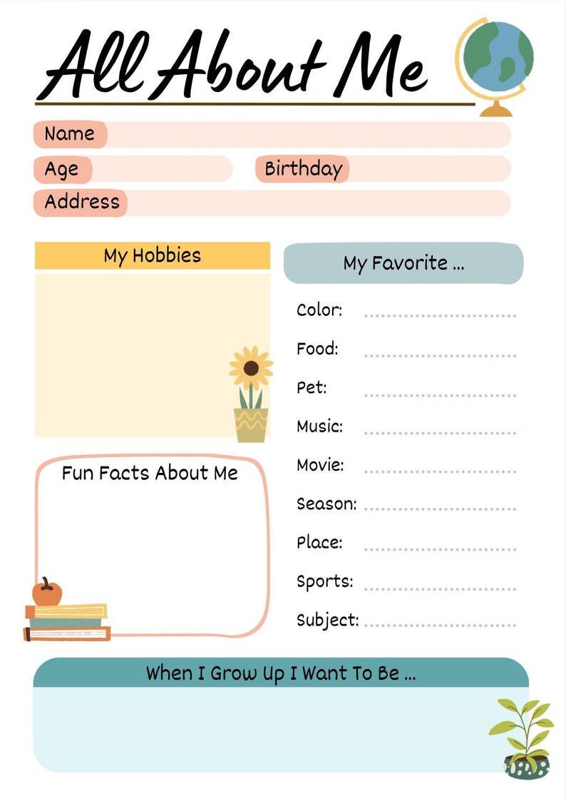 6 All About Me Printable Pages - Etsy